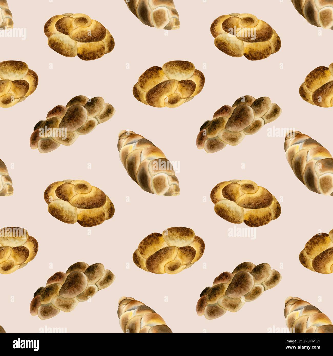 Jewish challah bread watercolor seamless pattern on light beige ...