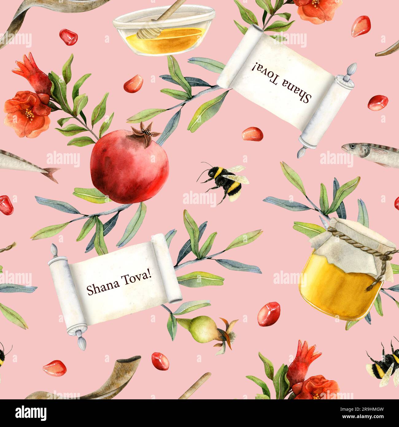 Shana Tova greeting watercolor seamless pattern on pastel pink for Rosh ...