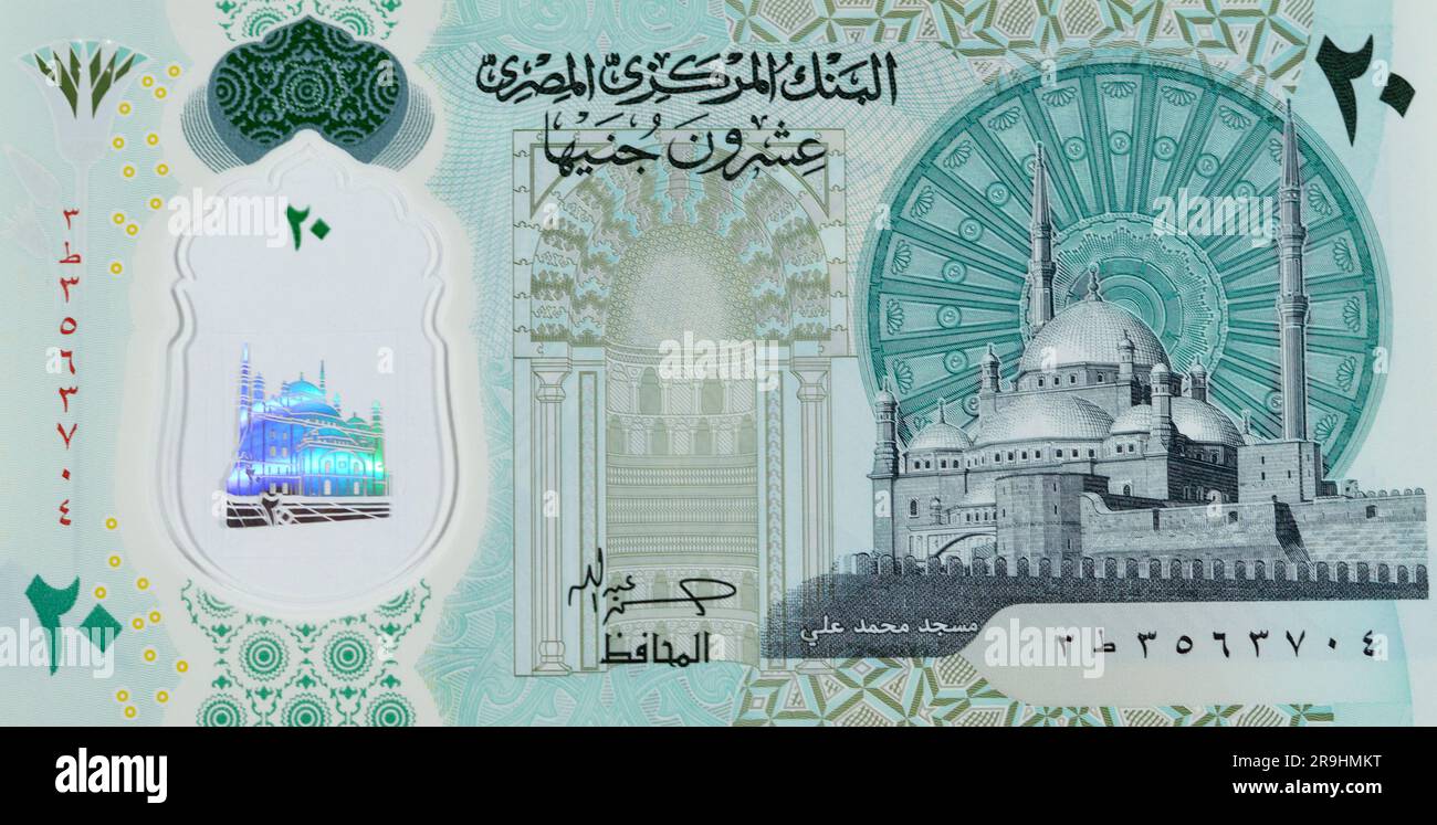 Large fragment of the obverse side of the new Egyptian 20 EGP LE twenty ...