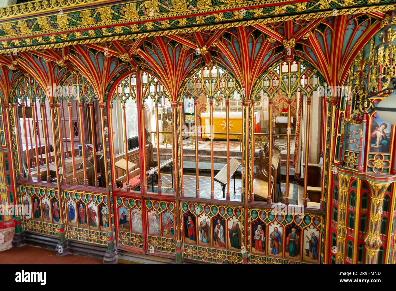 Rood screen inside village parish church of Saint Andrew, Harberton ...