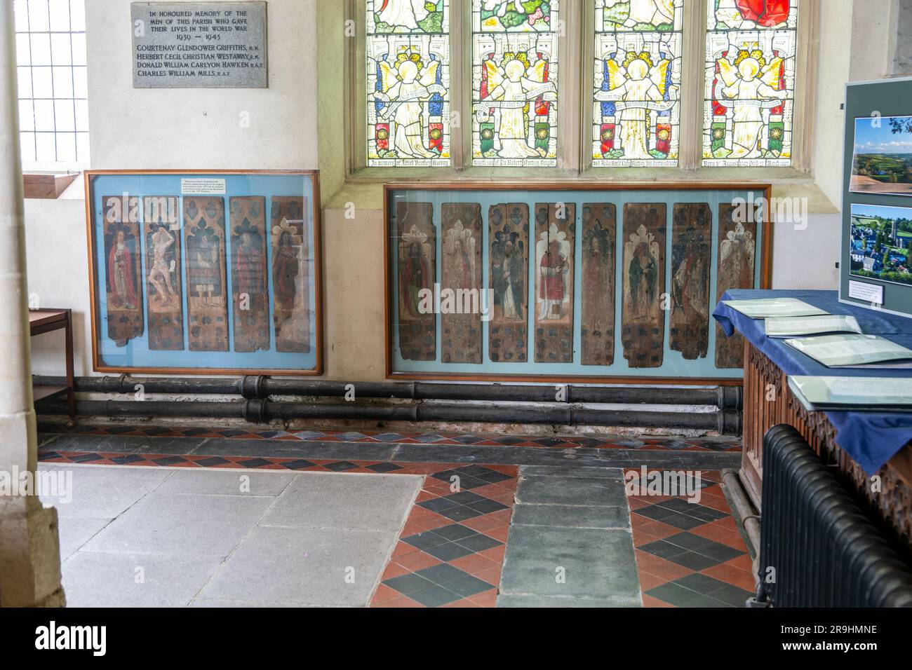 Original medieval rood screen panels inside village parish church of ...