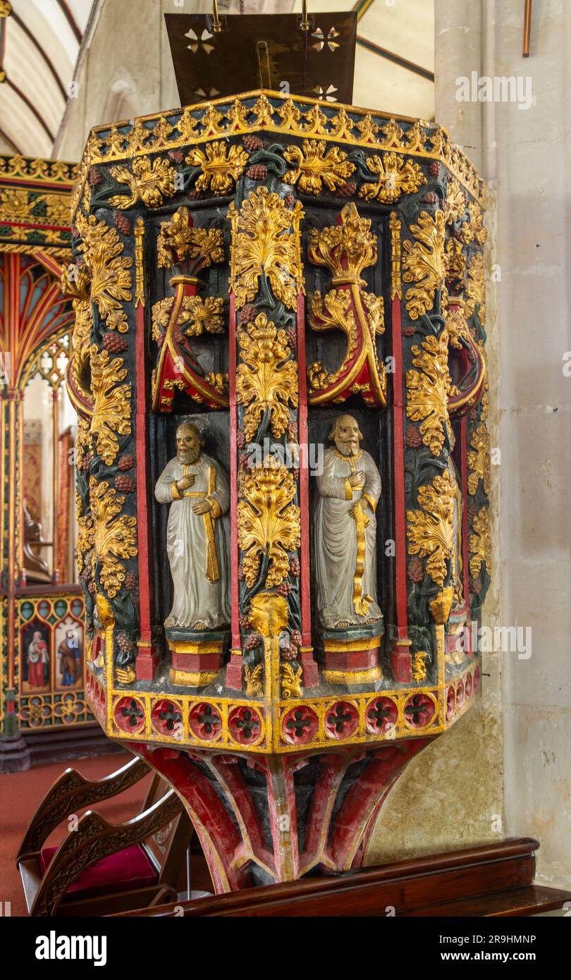 Pulpit inside village parish church of Saint Andrew, Harberton, south ...