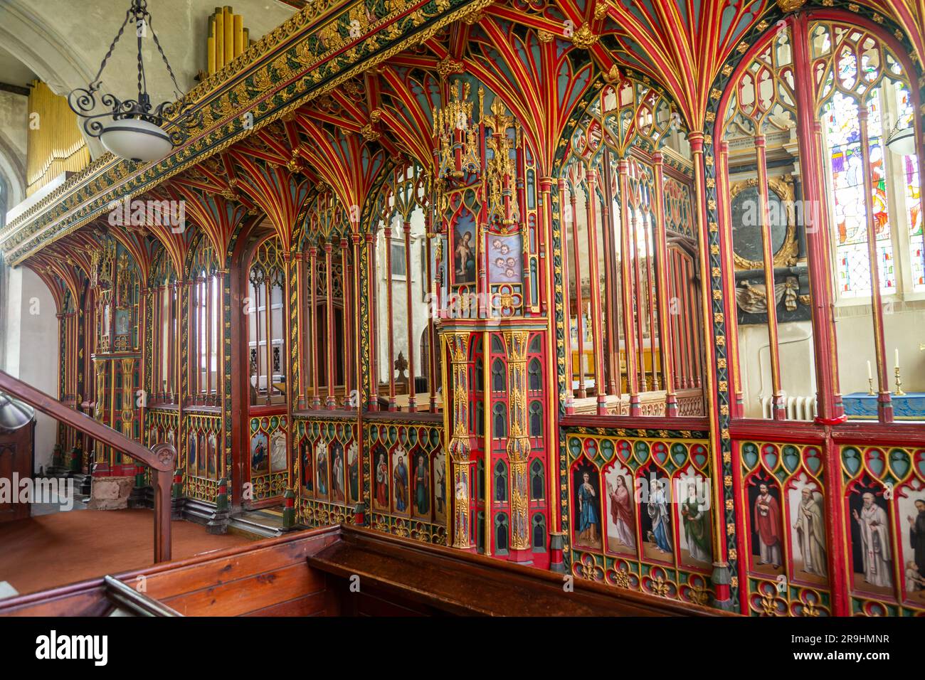 Rood screen inside village parish church of Saint Andrew, Harberton ...