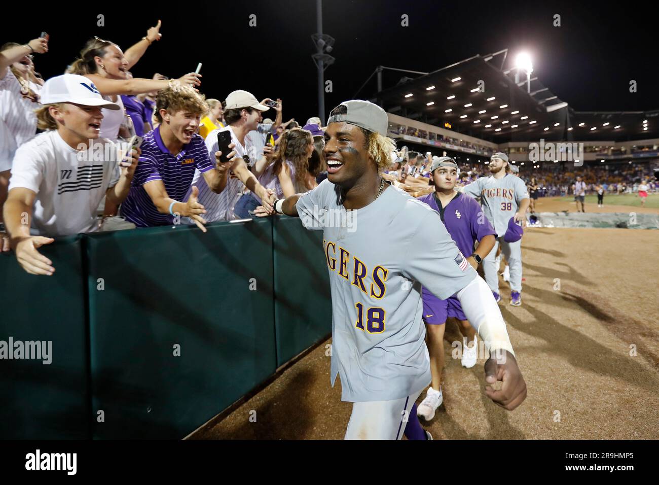 LSU first baseman Tre' Morgan (18) celebrates with fans after their ...