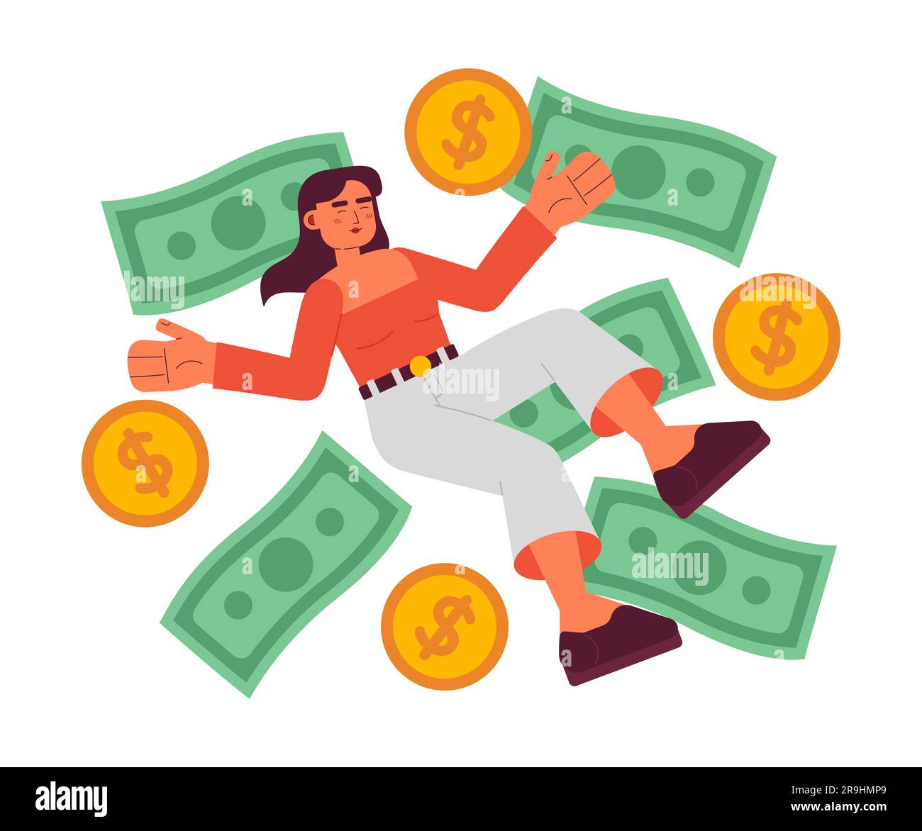 Happy woman among money 2D vector isolated spot illustration Stock ...