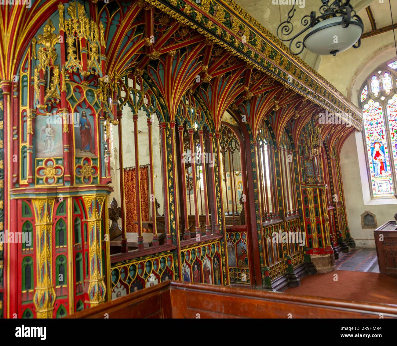 Rood screen inside village parish church of Saint Andrew, Harberton ...