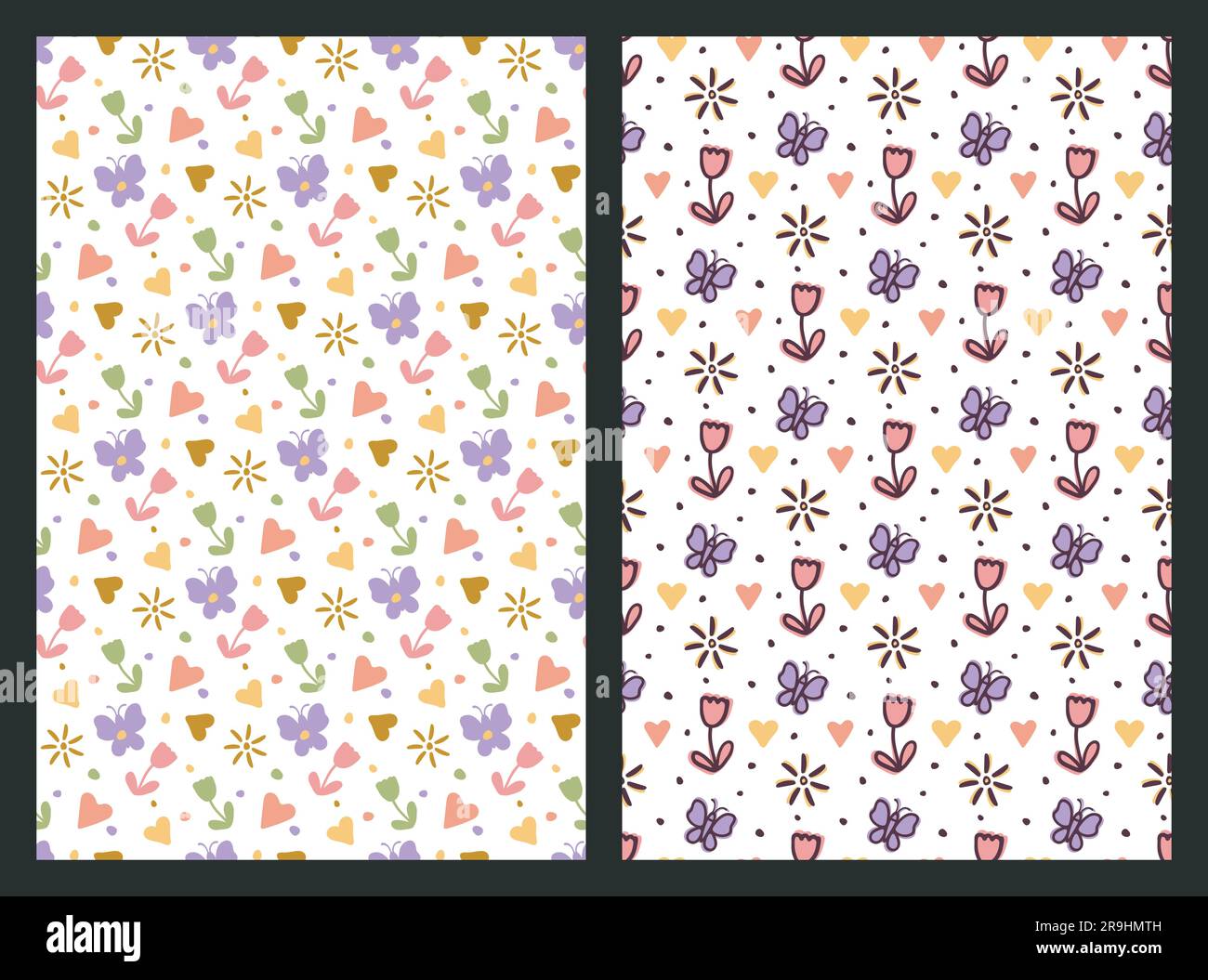 Floral childish seamless patterns, set of 2 cute layouts, doodle ...