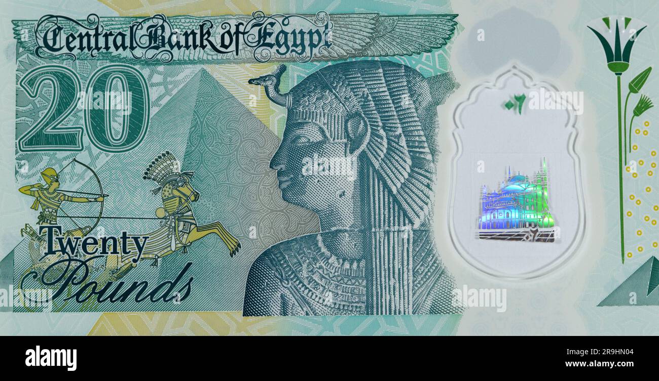 Large fragment of the reverse side of the new Egyptian 20 EGP LE twenty ...