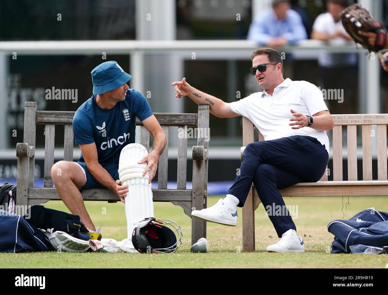 England's James Anderson and managing director Robert Key during a nets ...
