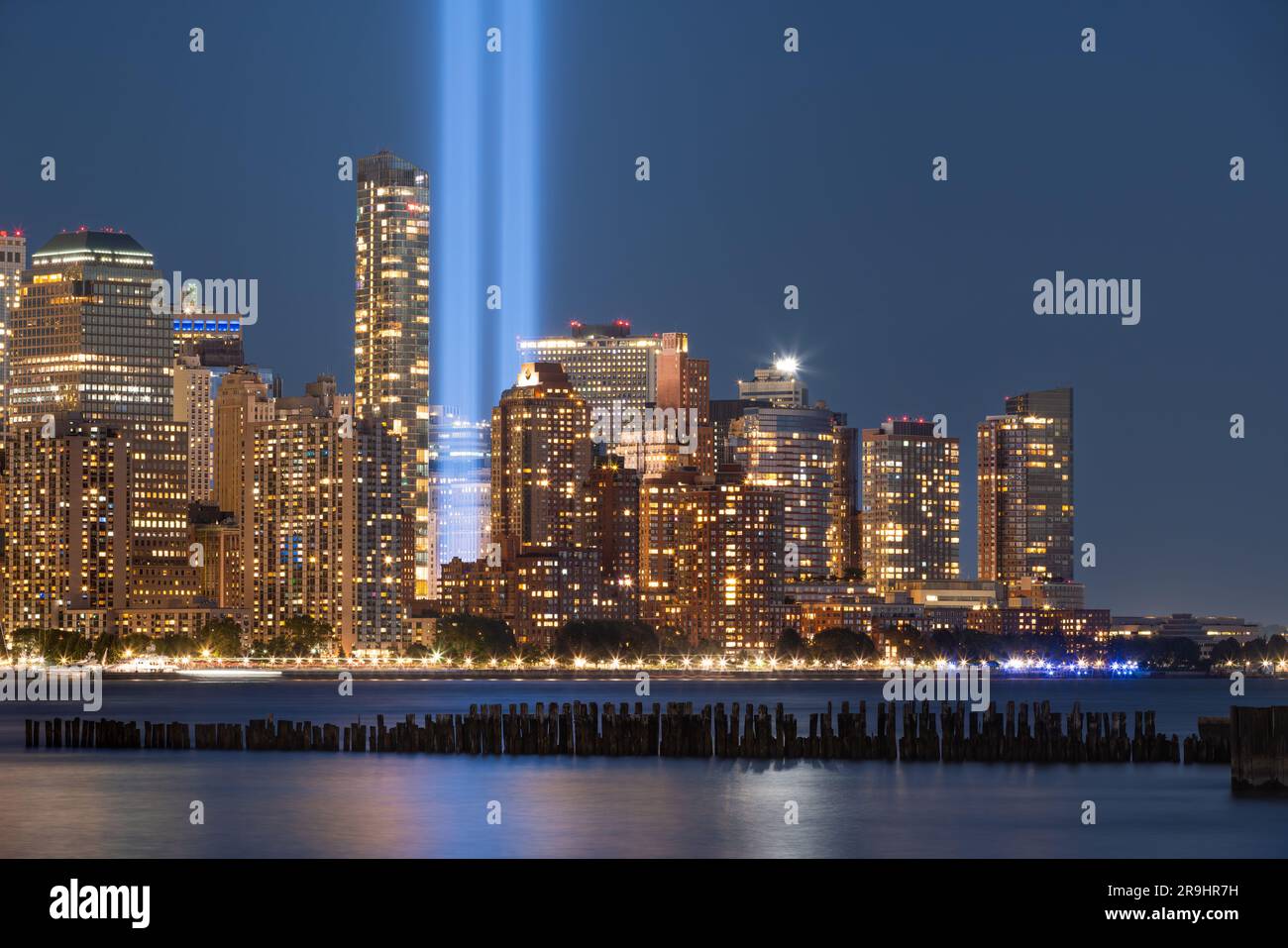 New York City Tribute in Light. Close-up of the two vertical columns of ...