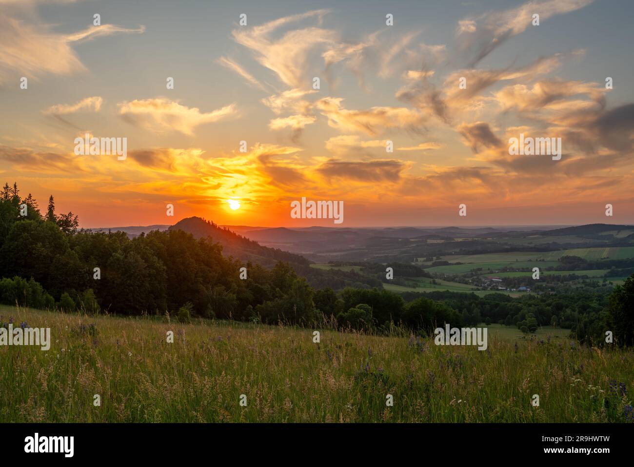 Sunset over the land of extinct volcanoes in Poland Stock Photo - Alamy