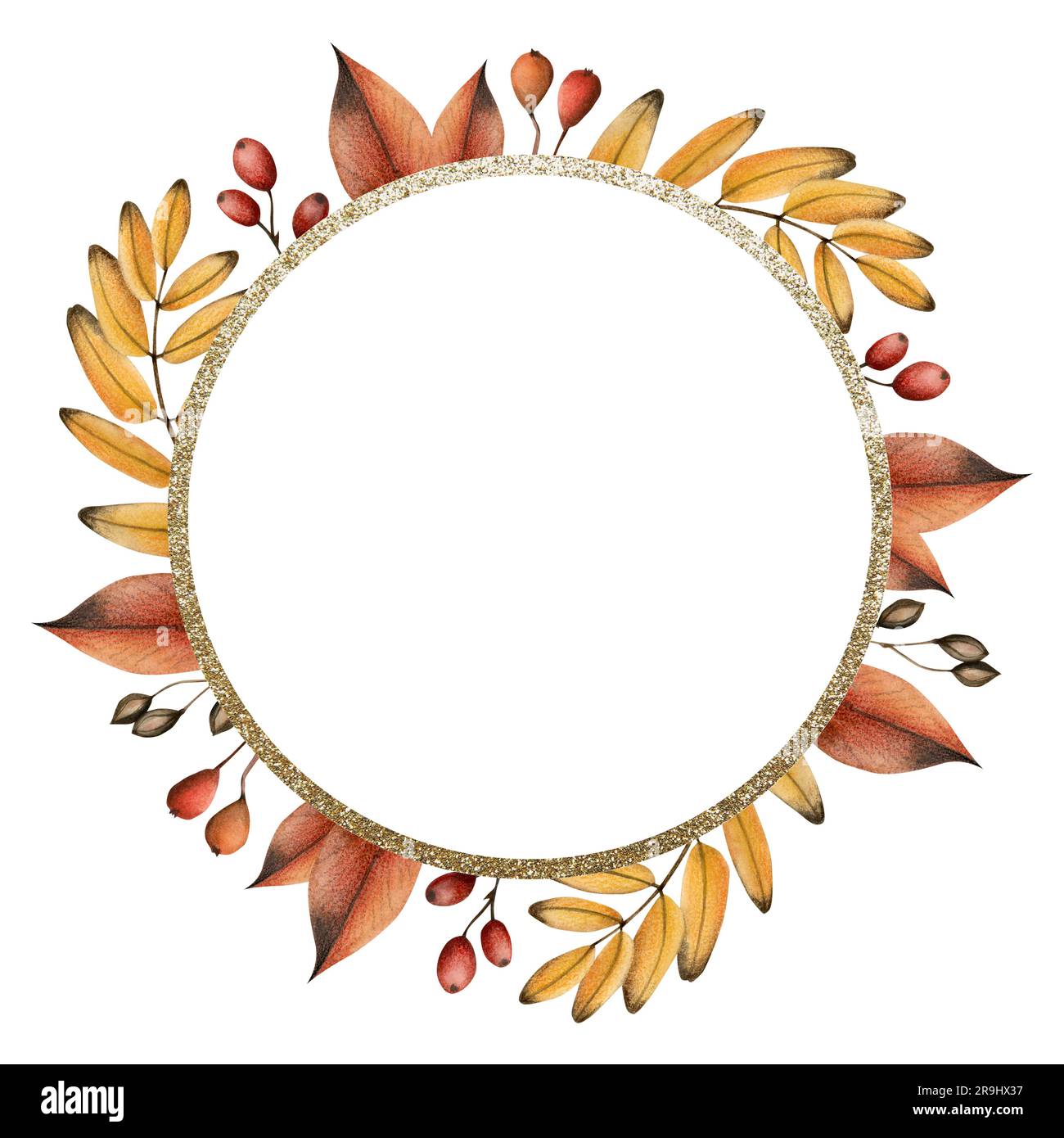 Yellow orange fall leaves round frame watercolor illustration with gold ...