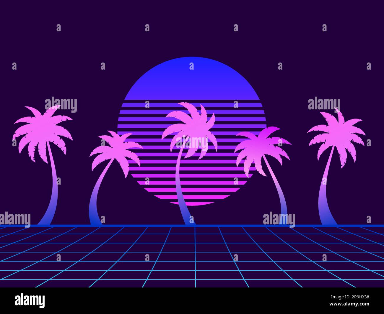 Palm trees and retro sunset. Landscape with virtual reality grid ...