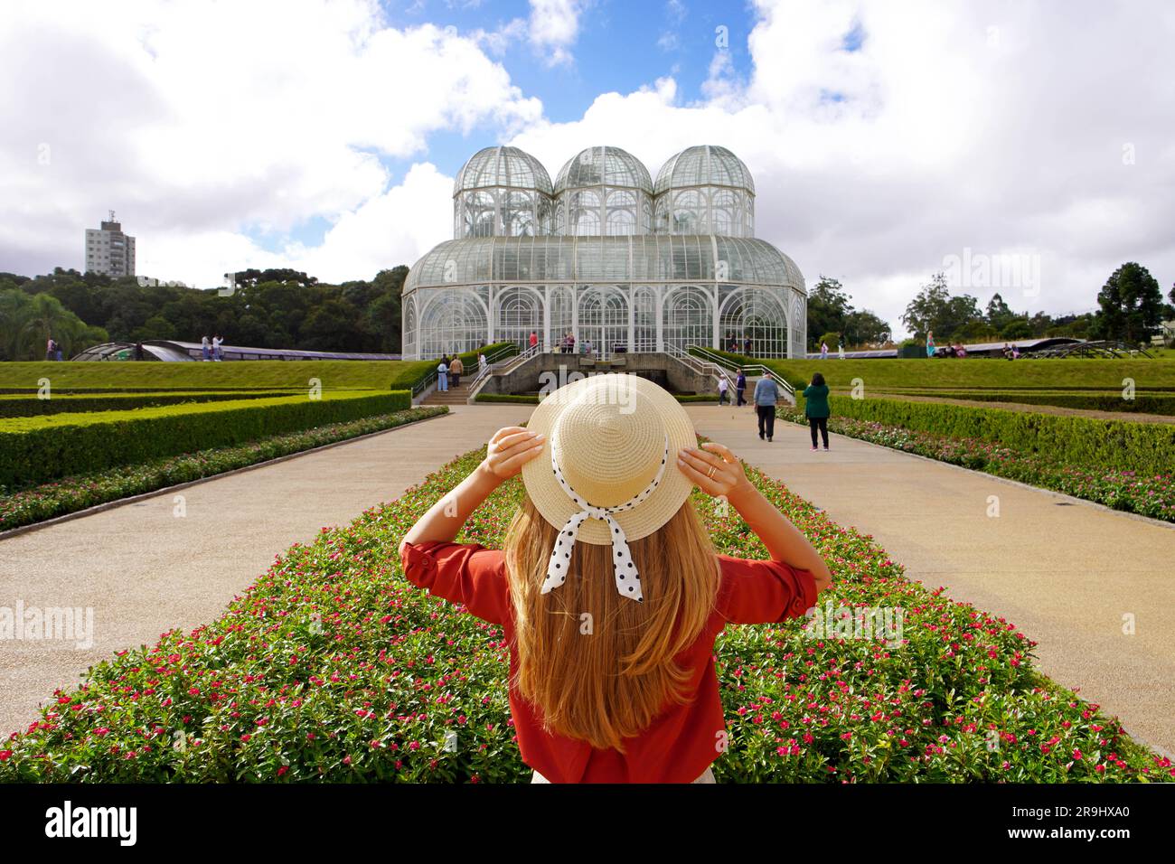 Tourism in Curitiba, Brazil. Rear view of fashion traveler girl in ...