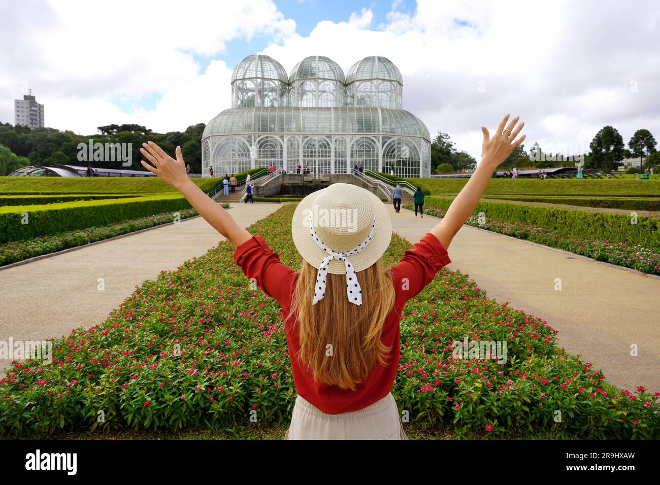 Tourism in Curitiba, Brazil. Back view of stylish traveler woman with ...