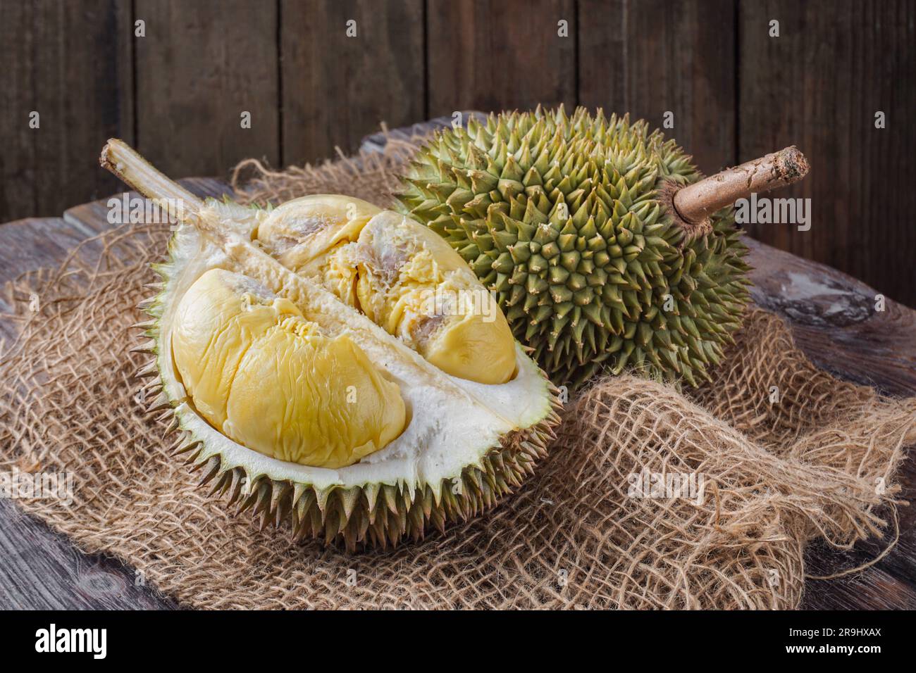 Durian fruit cut in half on a wooden table. The durian is the edible ...