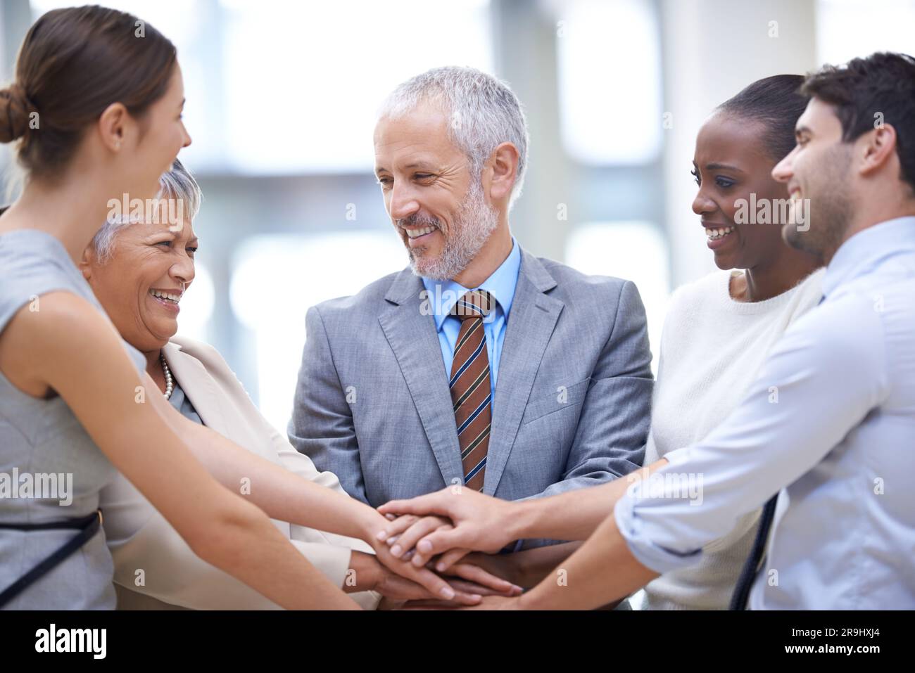 Business people, group and hands together for collaboration cooperation ...