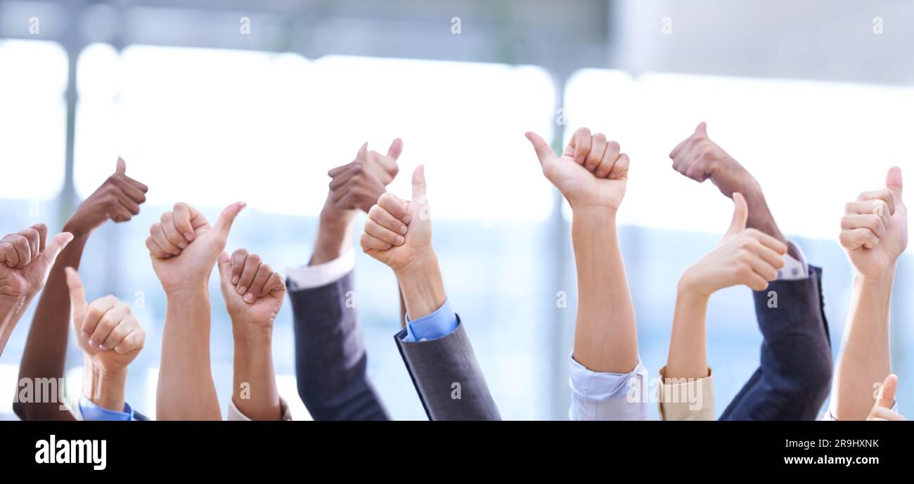 Group, hands and thumbs up for business, collaboration and success ...
