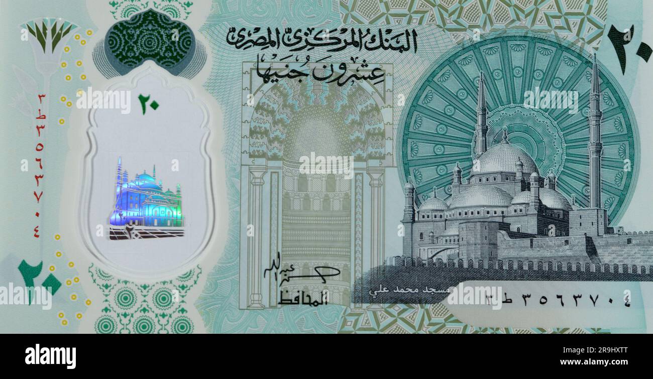 Large fragment of the obverse side of the new Egyptian 20 EGP LE twenty ...