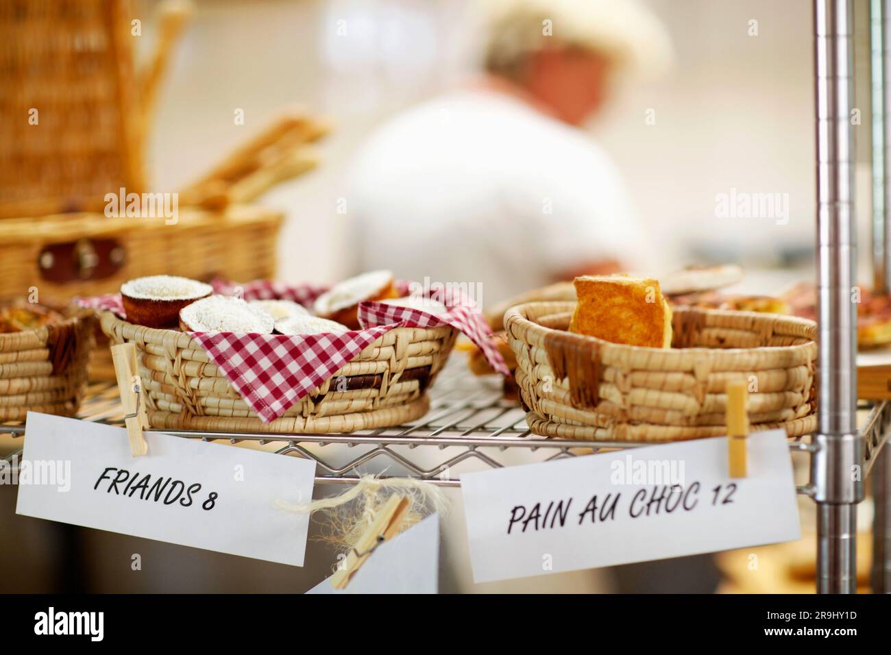 Bakery, window and shop with pricing of dessert, cake or food in cafe ...