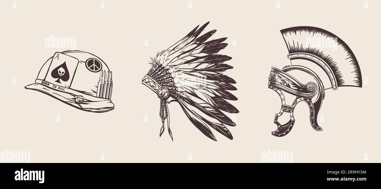 A set of headdresses of warriors from different times and countries in ...