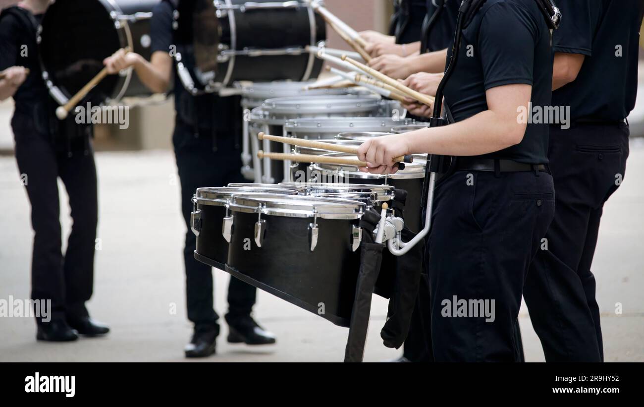 marching band drum line warming up for a parade Stock Photo - Alamy