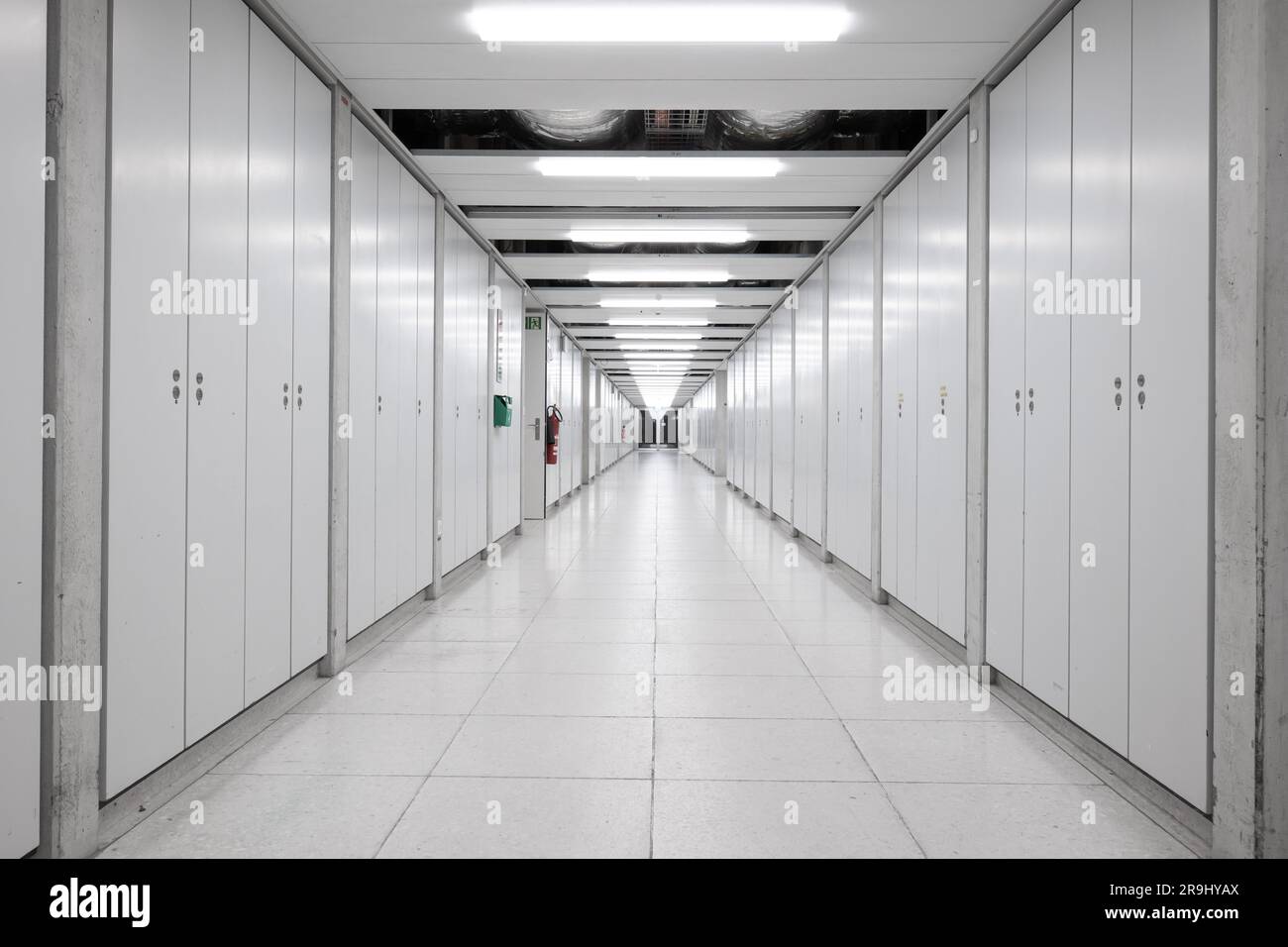 Long interior empty corridor hallway illuminated by neon lights with ...