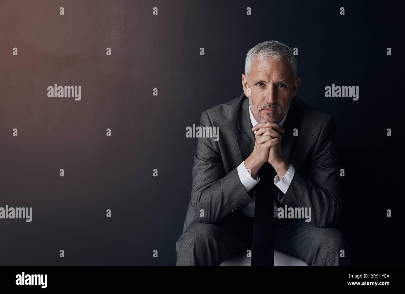 Mockup, chair and portrait of serious businessman, lawyer or attorney ...