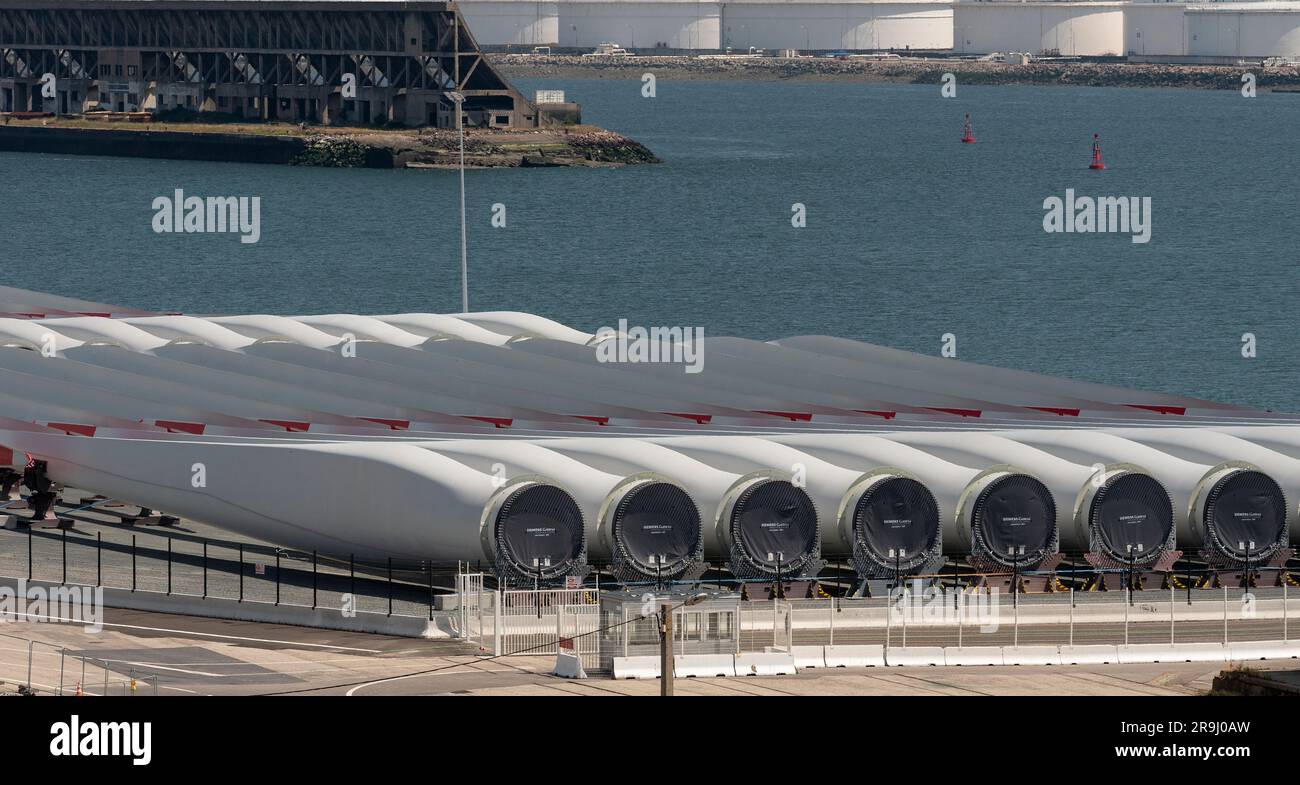 Port of Le Havre northern France. June 2023. Offshore wind turbine ...