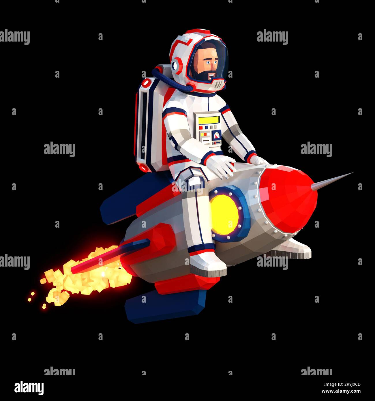 3D astronaut in a spacesuit flying, sitting atop a rocket like a cowboy ...