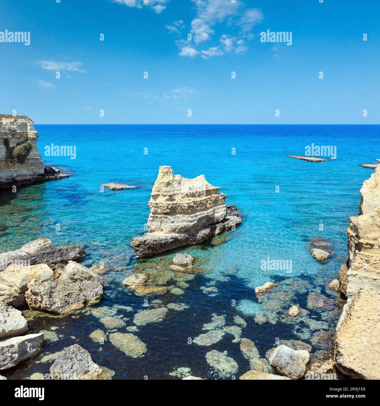 Picturesque seascape with white rocky cliffs, sea bay, islets and ...