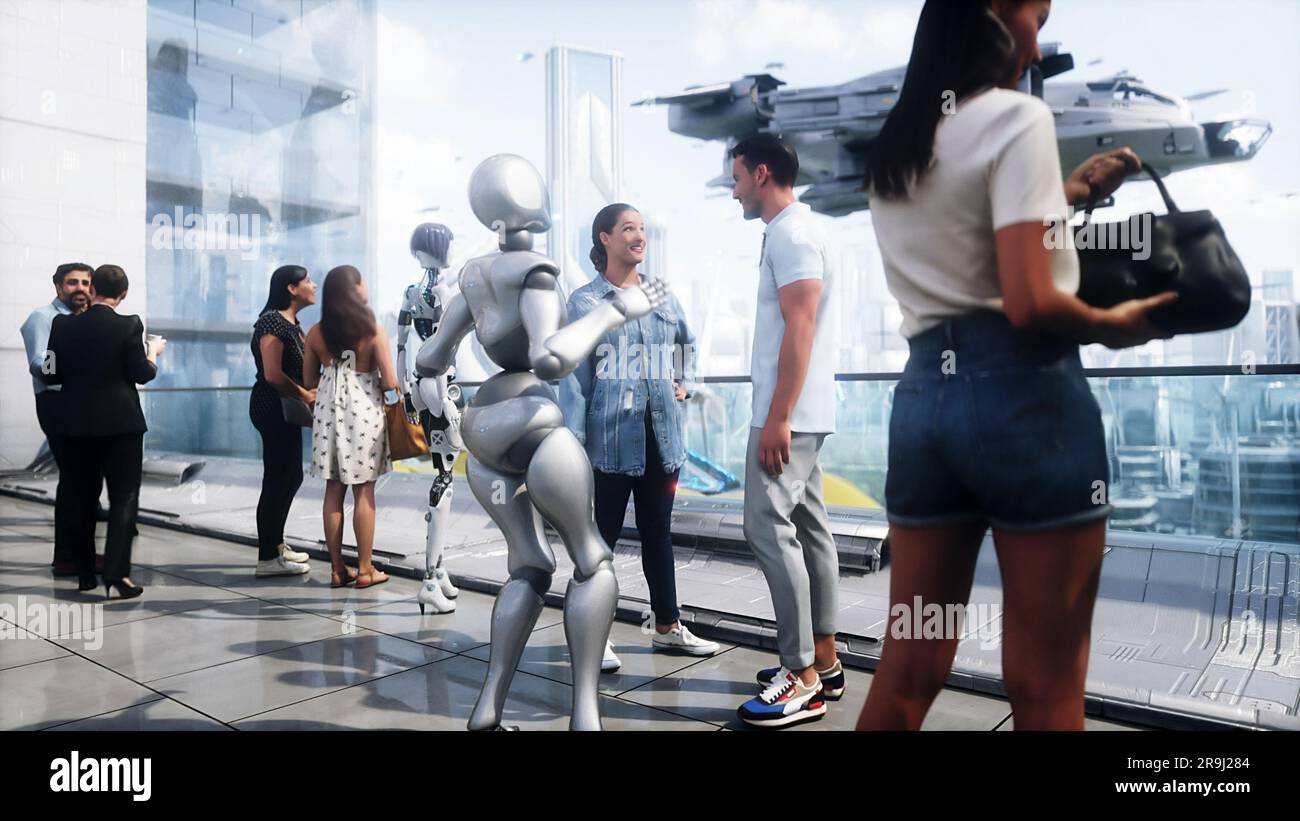 Futuristic city. 3d people and robots. Future concept. 3d rendering ...