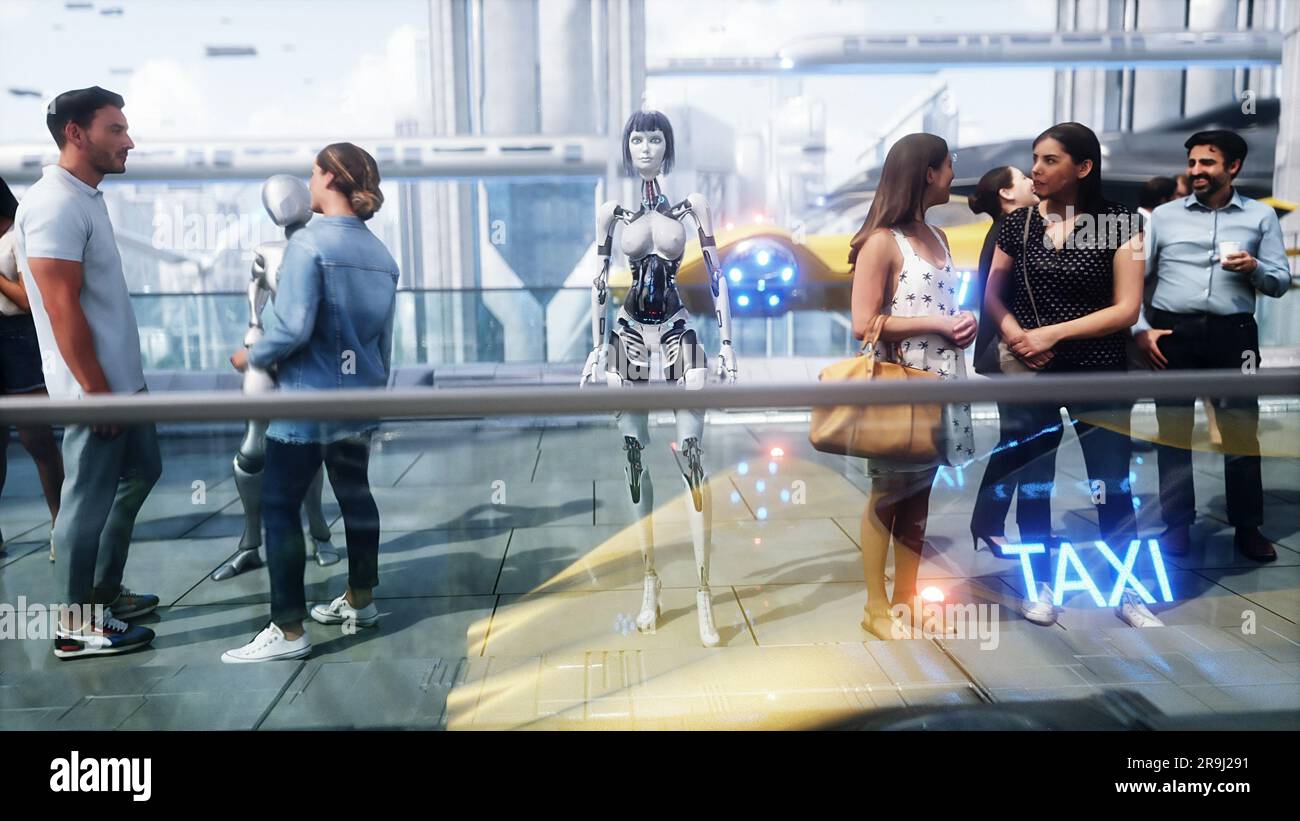 Futuristic city. 3d people and robots. Future concept. 3d rendering ...