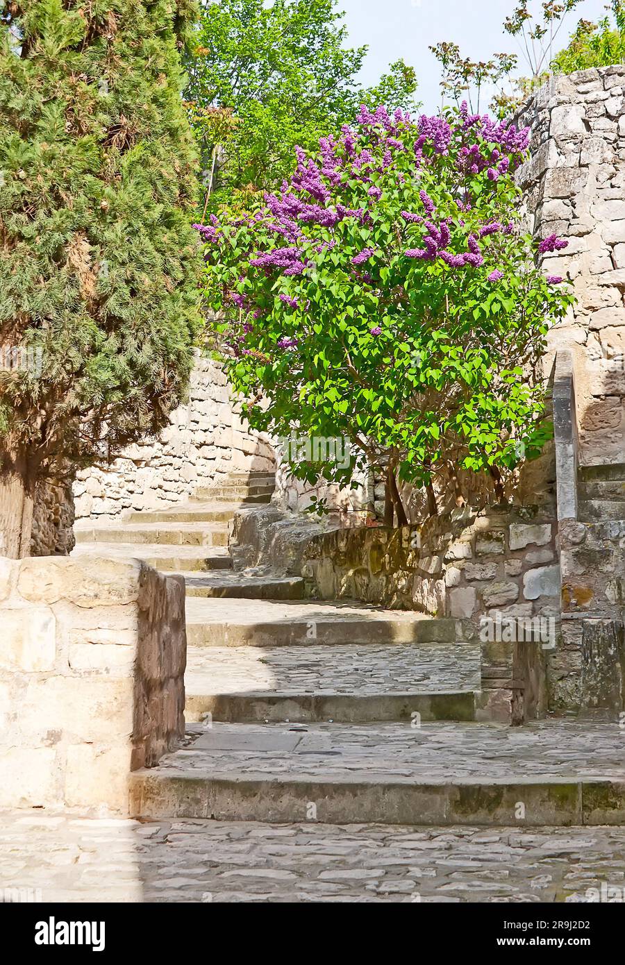 The narrow curved ascent in medieval Les Baux-de-Provence with a ...
