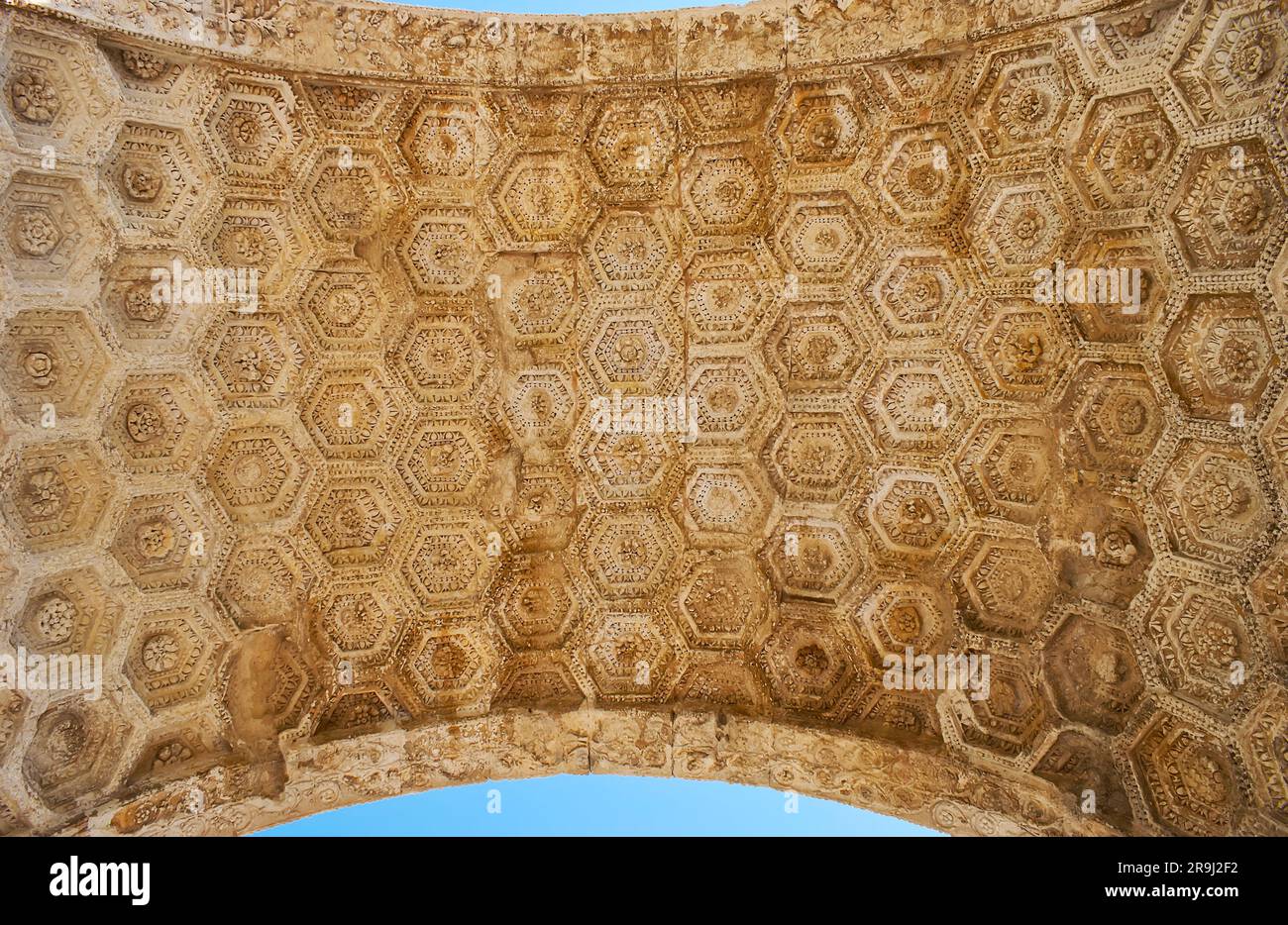 The richly decorated ceiling part of the ancient Roman Triumphal Arch ...
