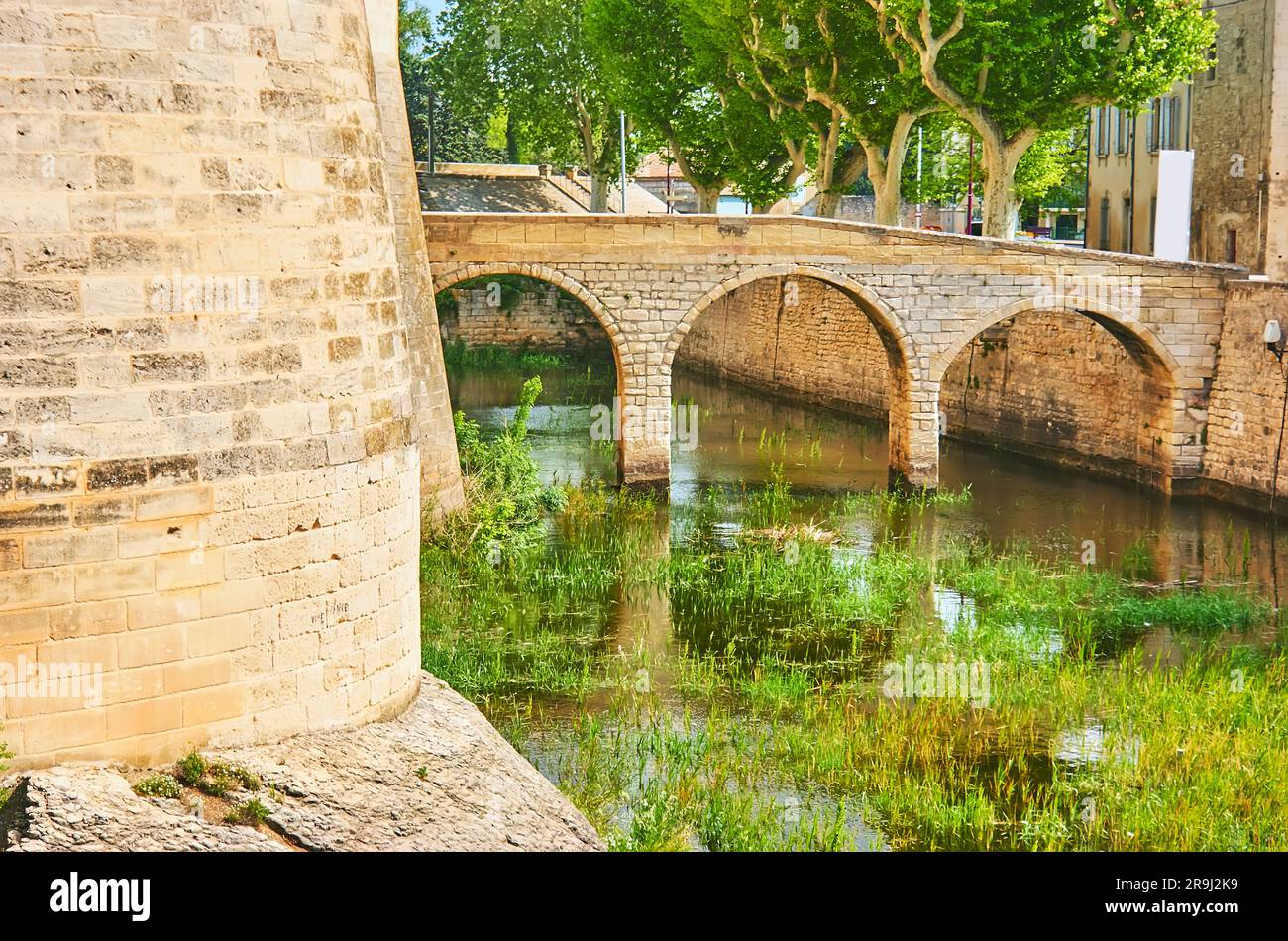 The small arched bridge across the moat of the Royal Castle of Tarascon ...