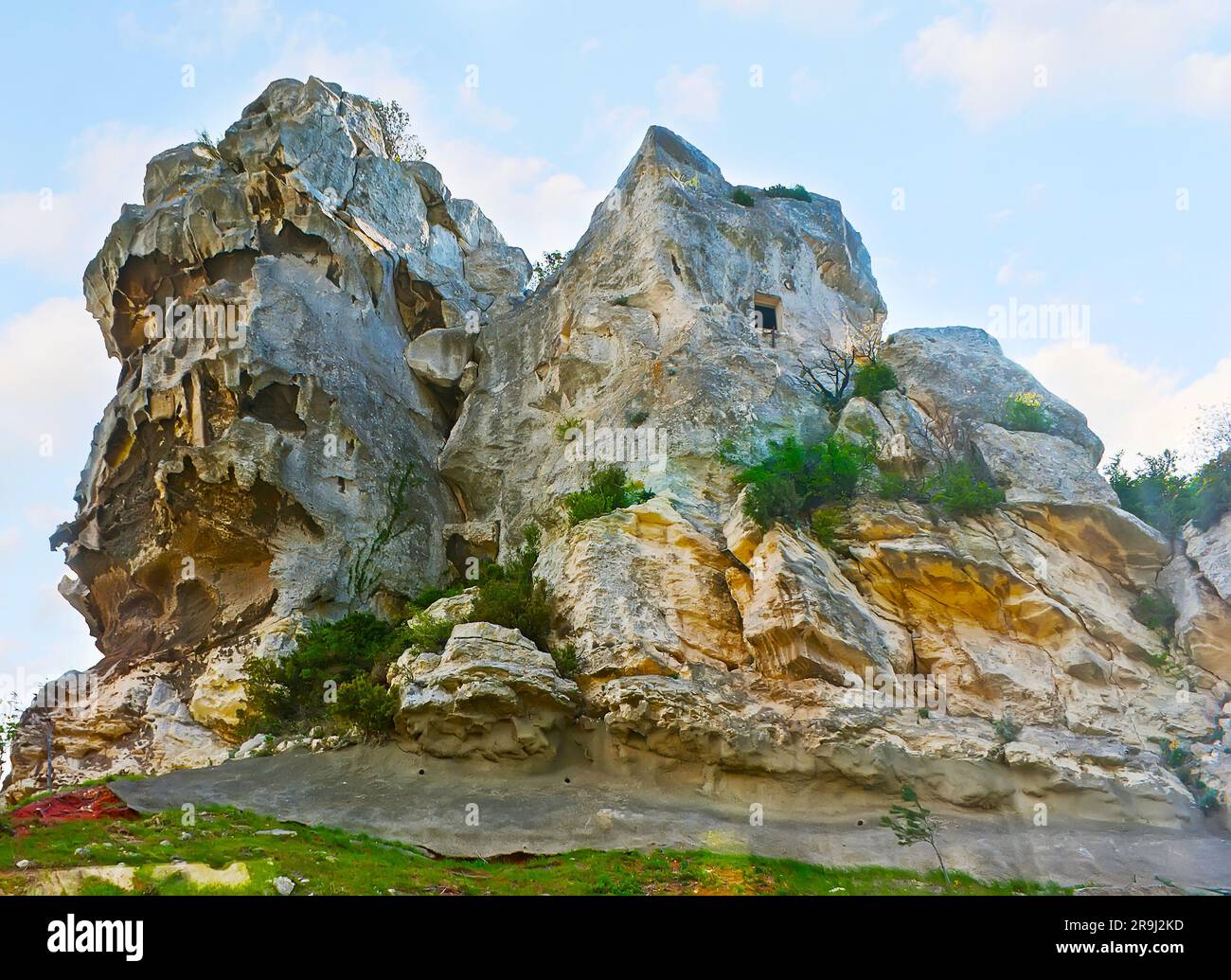 The big limestone rock formation of the ruined Chateau de Baux, located ...