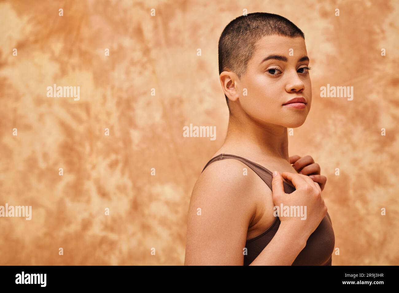 natural look, self-acceptance, young woman with short hair posing on ...