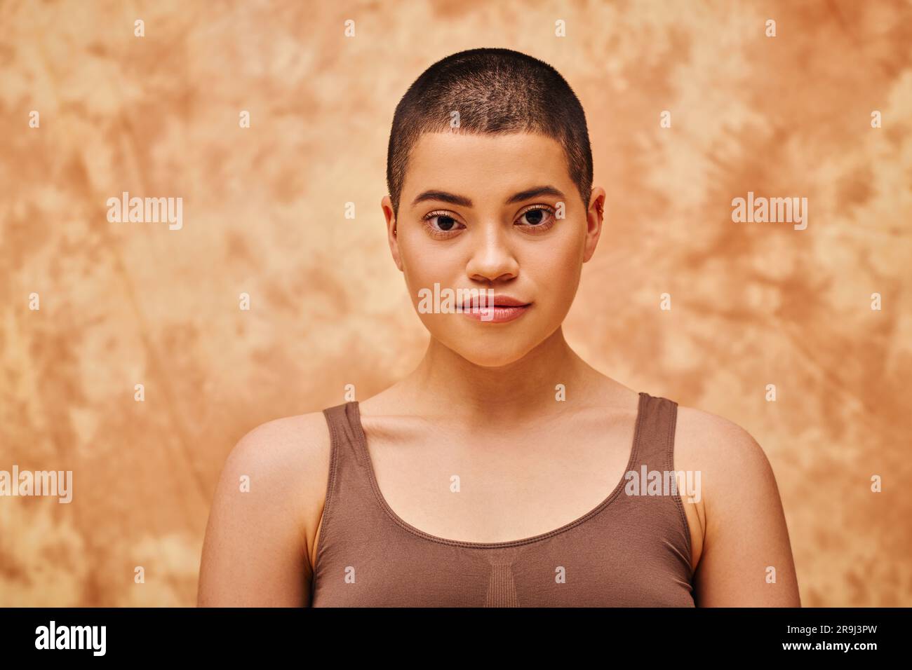 natural look, self-acceptance, young woman with short hair posing on ...