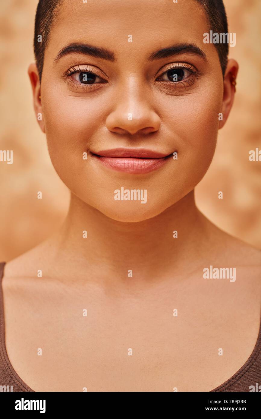natural look, self-acceptance, young woman with short hair posing on ...