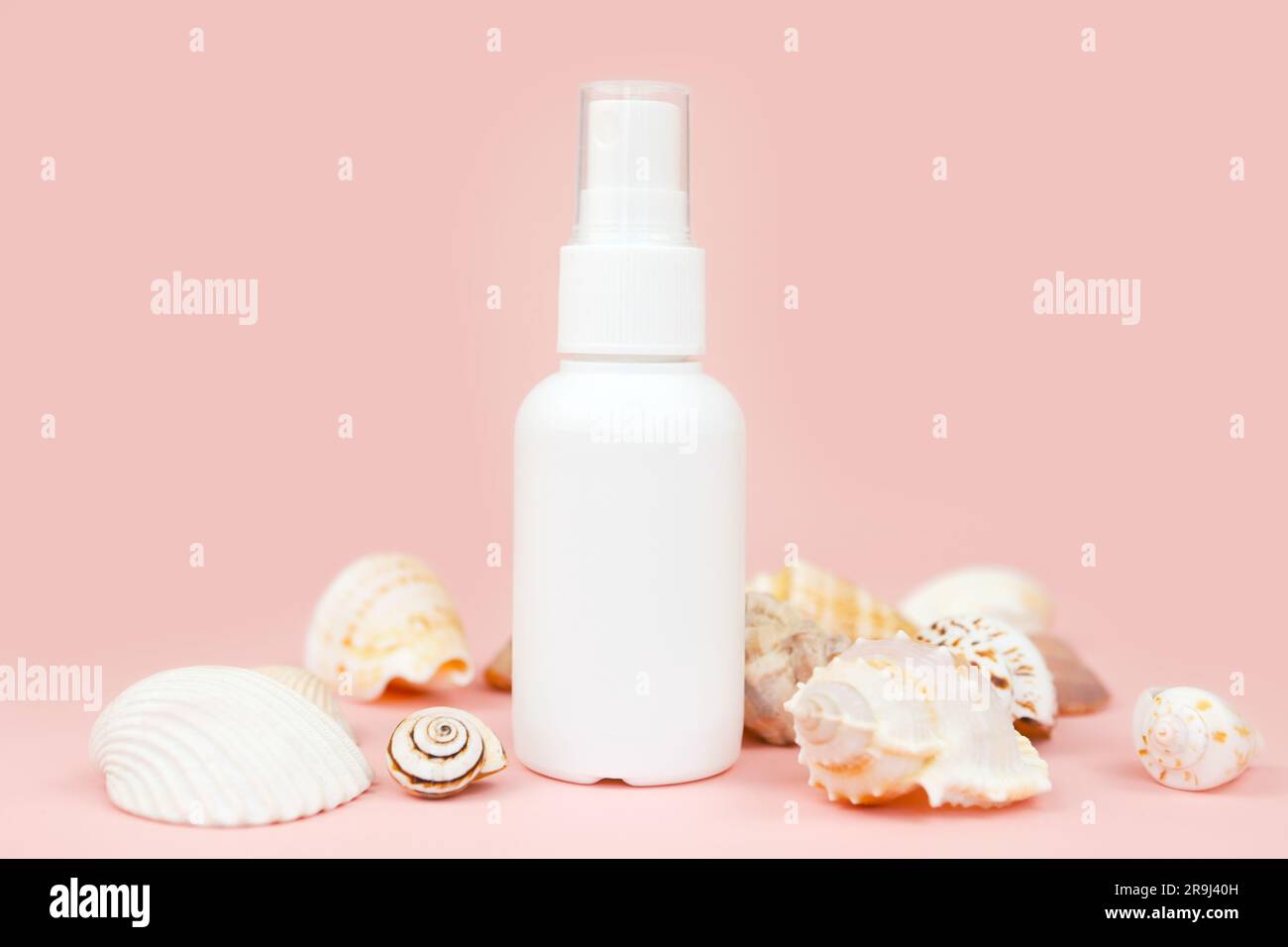 Unbranded white plastic spray bottle and a lot of different sea shells ...