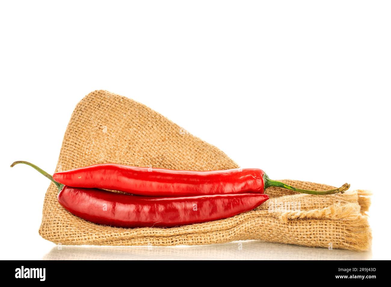 Two hot red pepper pods with jute sack, macro isolated on white ...