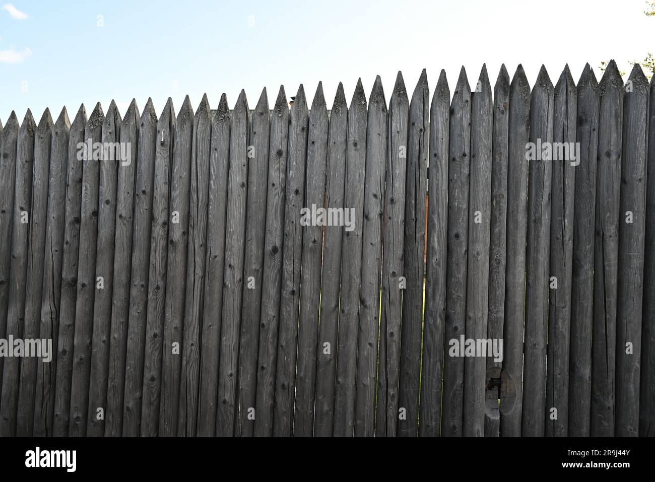 an old gray wooden fence made of logs with sharp ends Stock Photo - Alamy