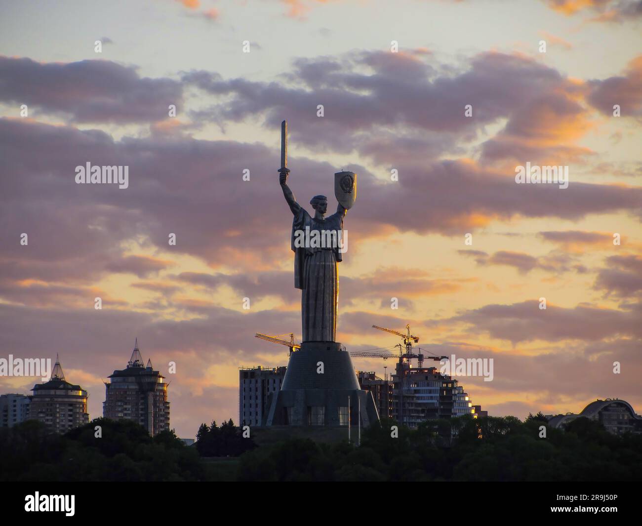 Top view to the Motherland statue in the Kiev. The well-known landmarks ...