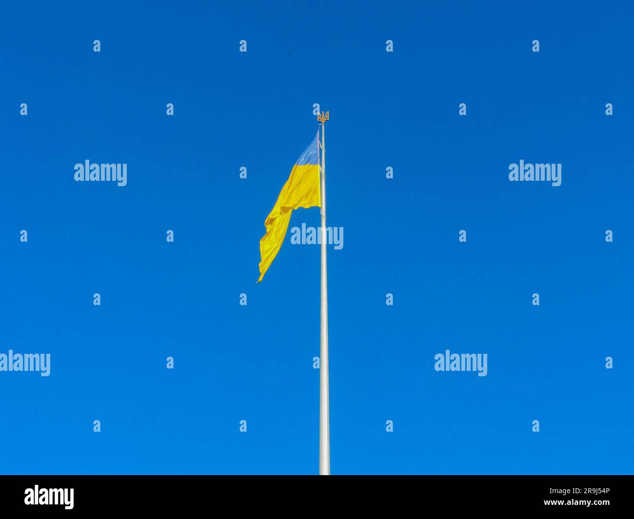 Ukraine flag large national symbol fluttering in blue sky. Large yellow ...