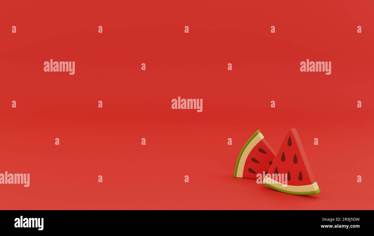 Red sliced watermelon with green rind and seeds on red background. 3D ...