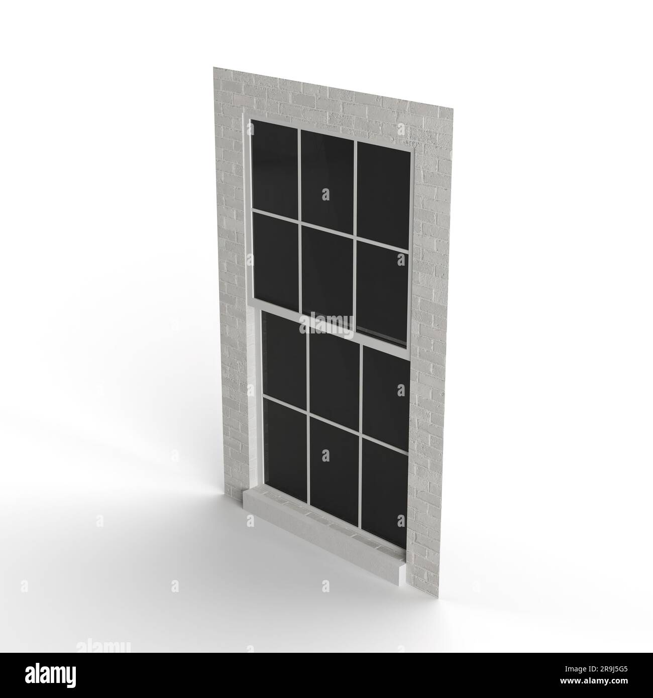 A side view of a 3D rendered white wall featuring a large black window ...