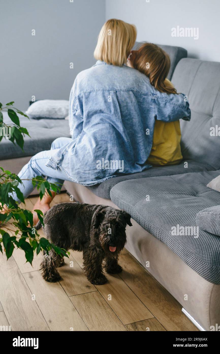 Young loving mother hugging her teenage daughter, mom demonstrating unconditional love for child ...