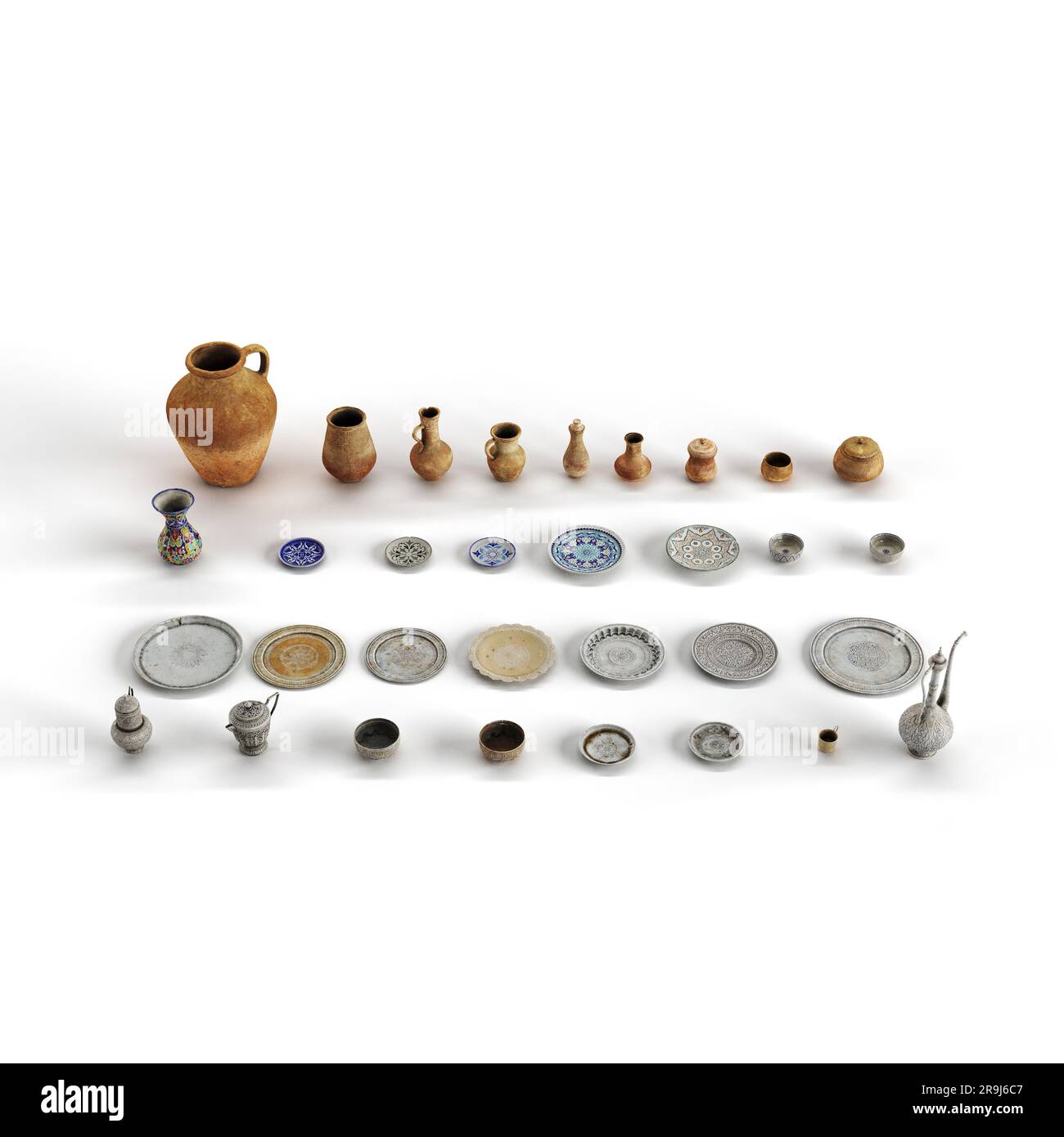 A 3D rendered scale model collection of old pottery and vases Stock ...