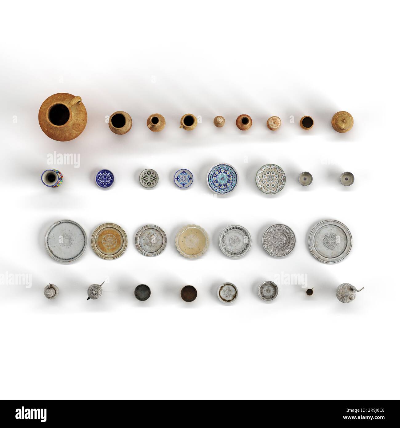 An overhead shot of a 3D rendered scale model collection of old pottery ...
